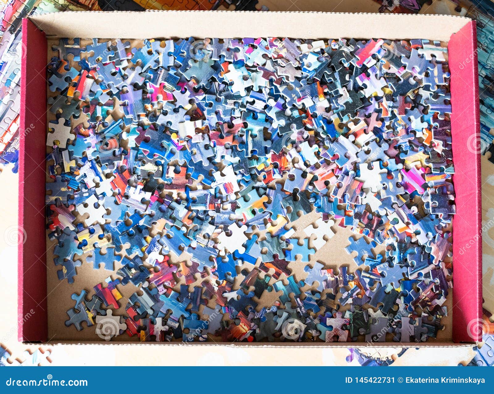 Disassembled Jigsaw Puzzle Pieces in Box Stock Image - Image of desk ...