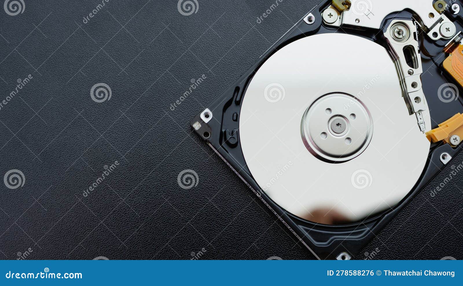 Disassembled Open Hard Disk Drive HDD of Computer or Laptop Lies on Dark Matte Surface. Computer ...