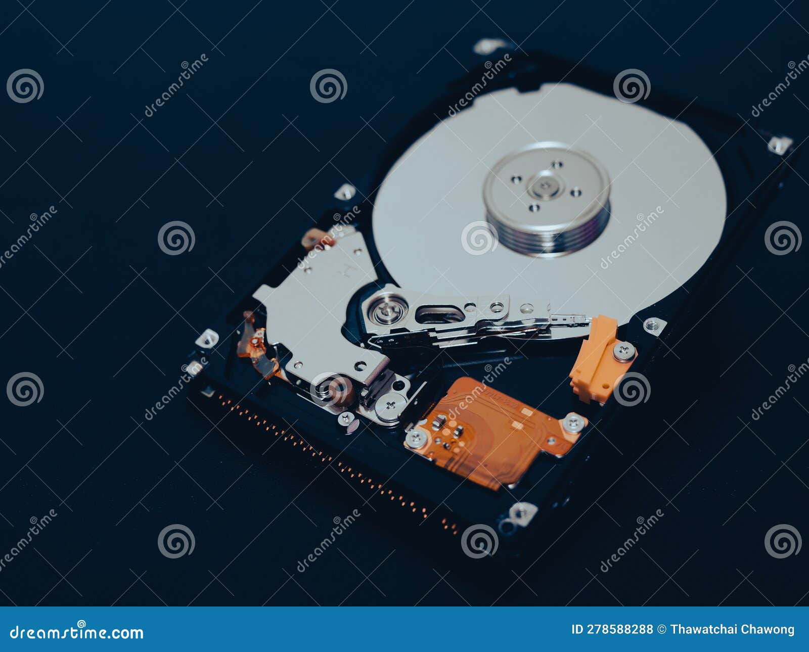 Disassembled Open Hard Disk Drive HDD of Computer or Laptop Lies on Dark Matte Surface. Computer ...