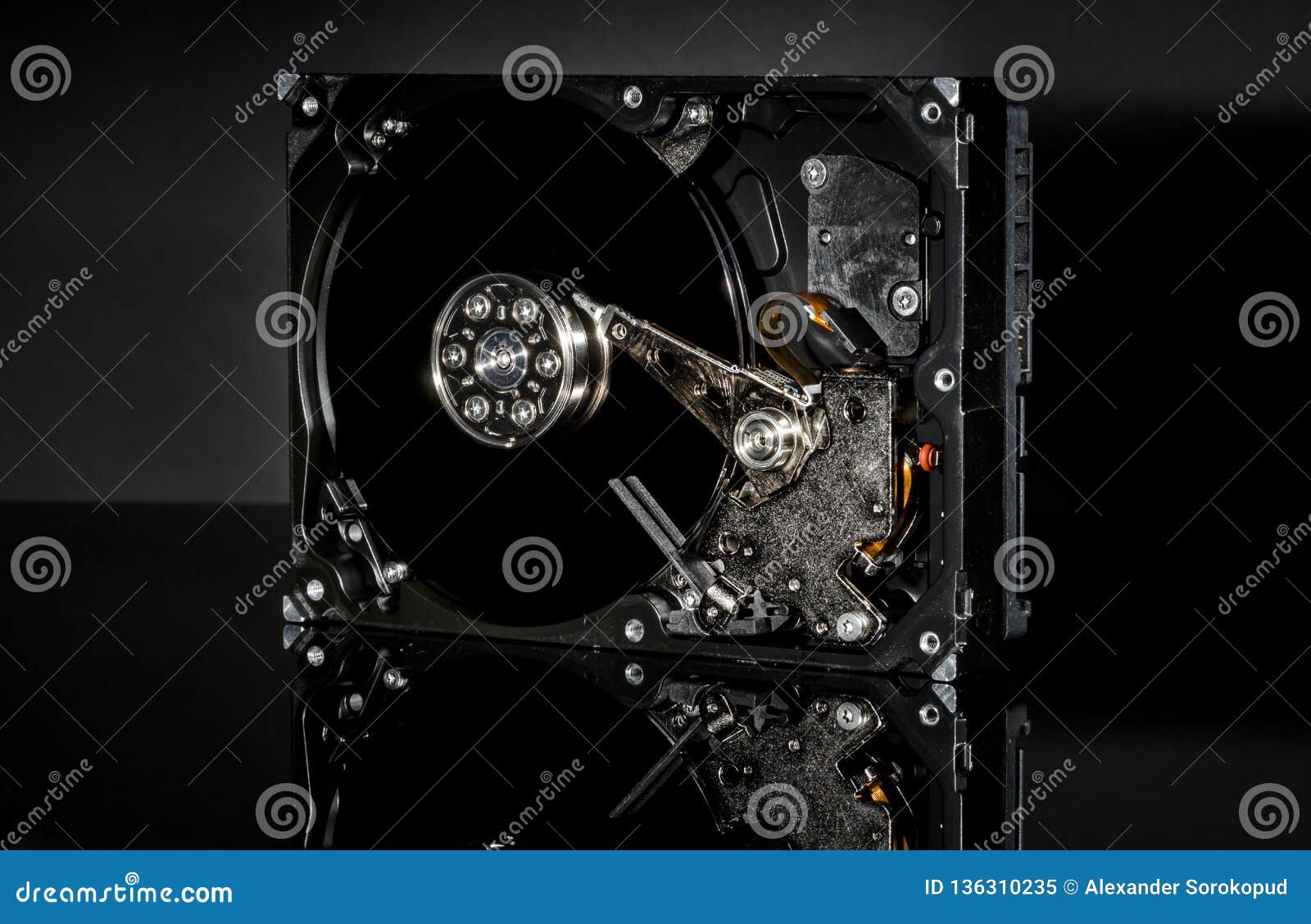 Disassembled and Opened Hard Disk Drive, Inside View with Reflections ...