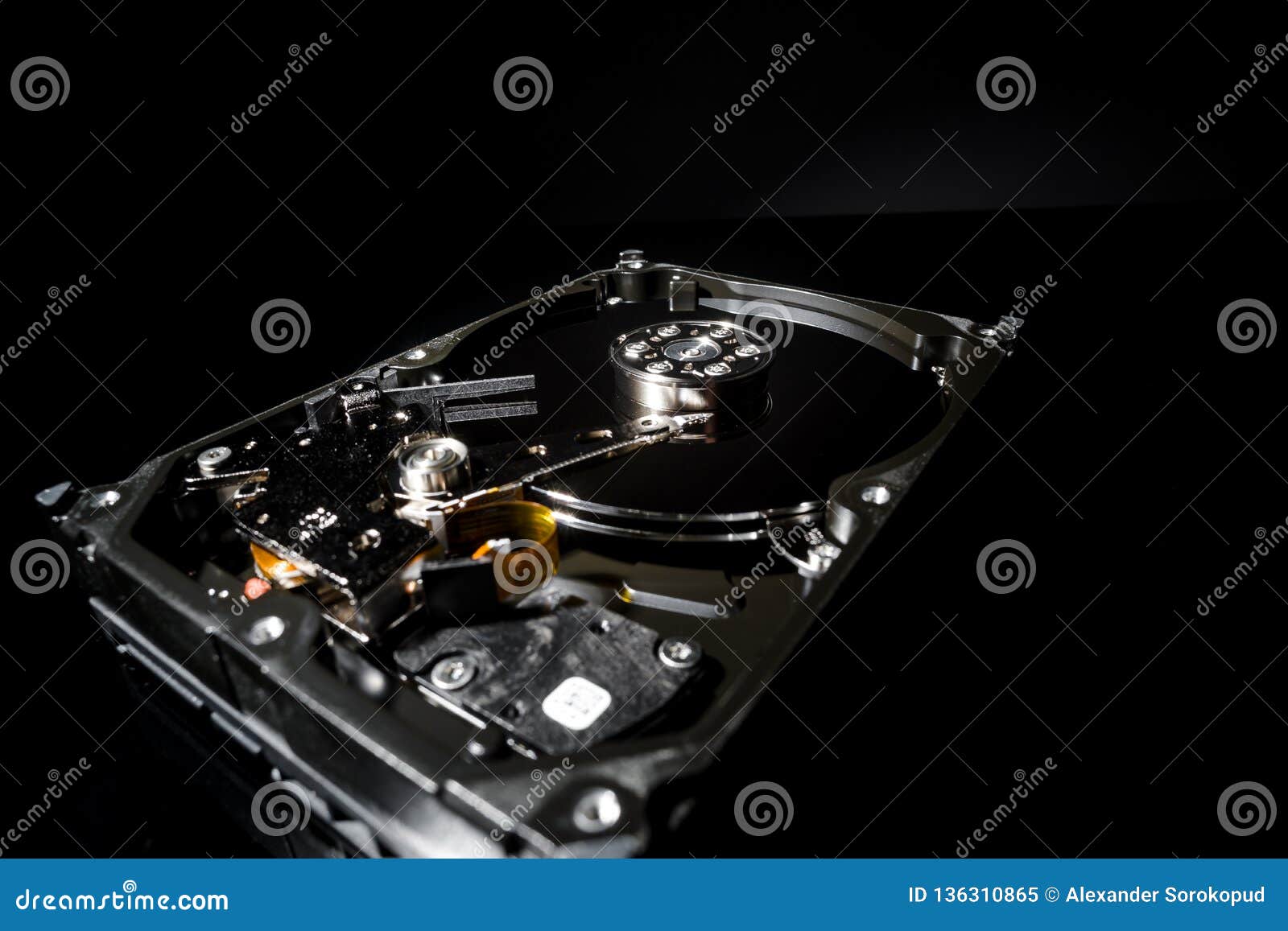 Disassembled and Opened Hard Disk Drive, Inside View with Reflections ...