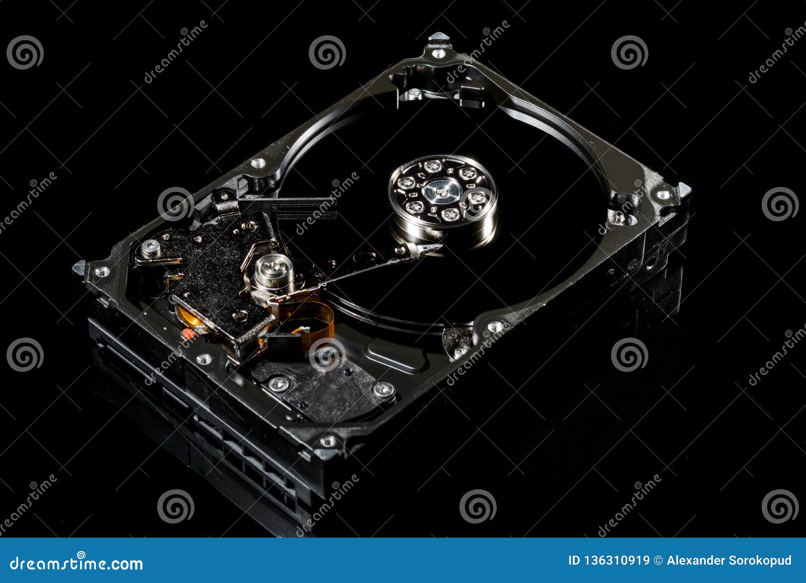 Disassembled and Opened Hard Disk Drive, Inside View with Reflections ...