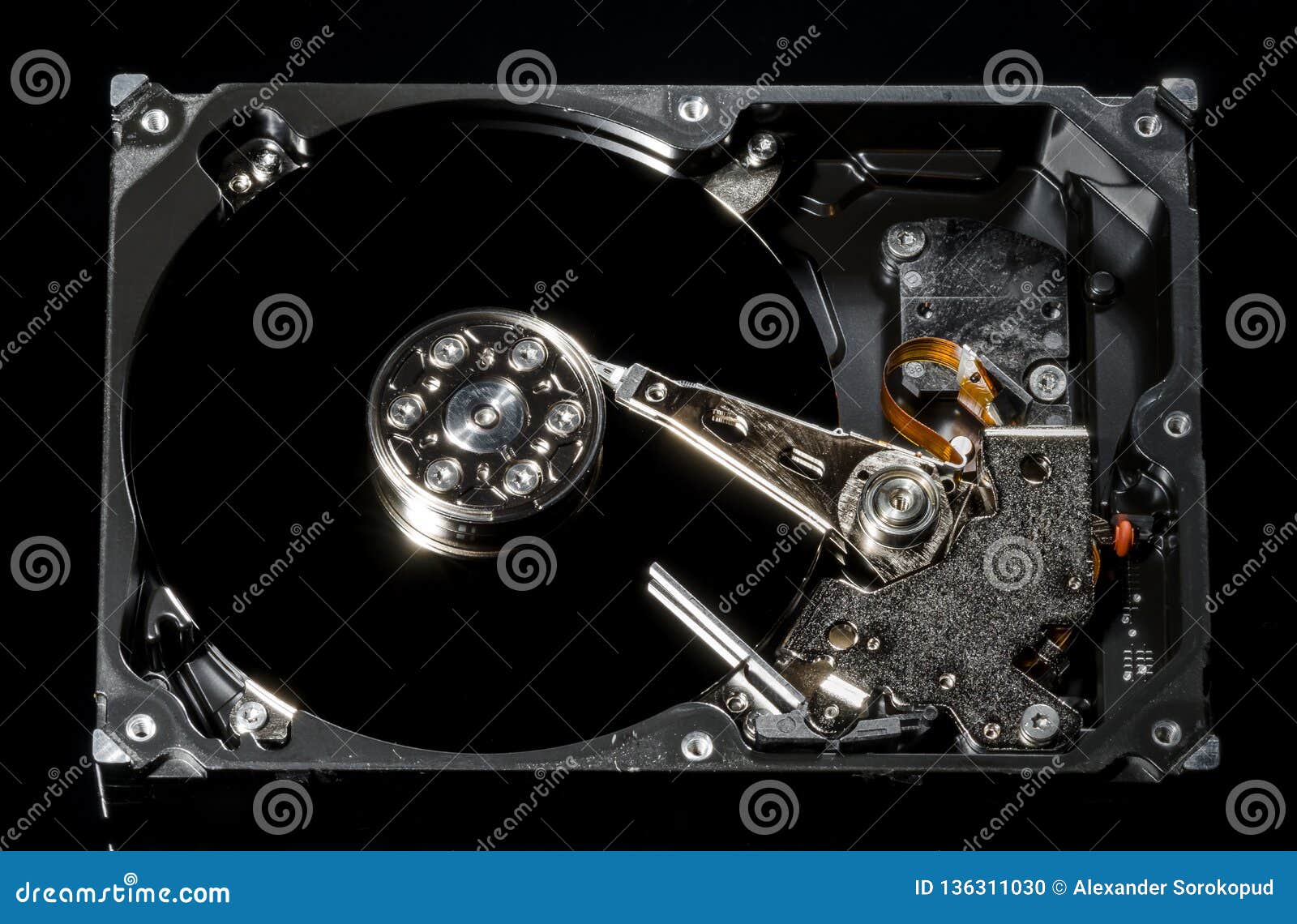 Disassembled and Opened Hard Disk Drive, Inside View with Reflections ...