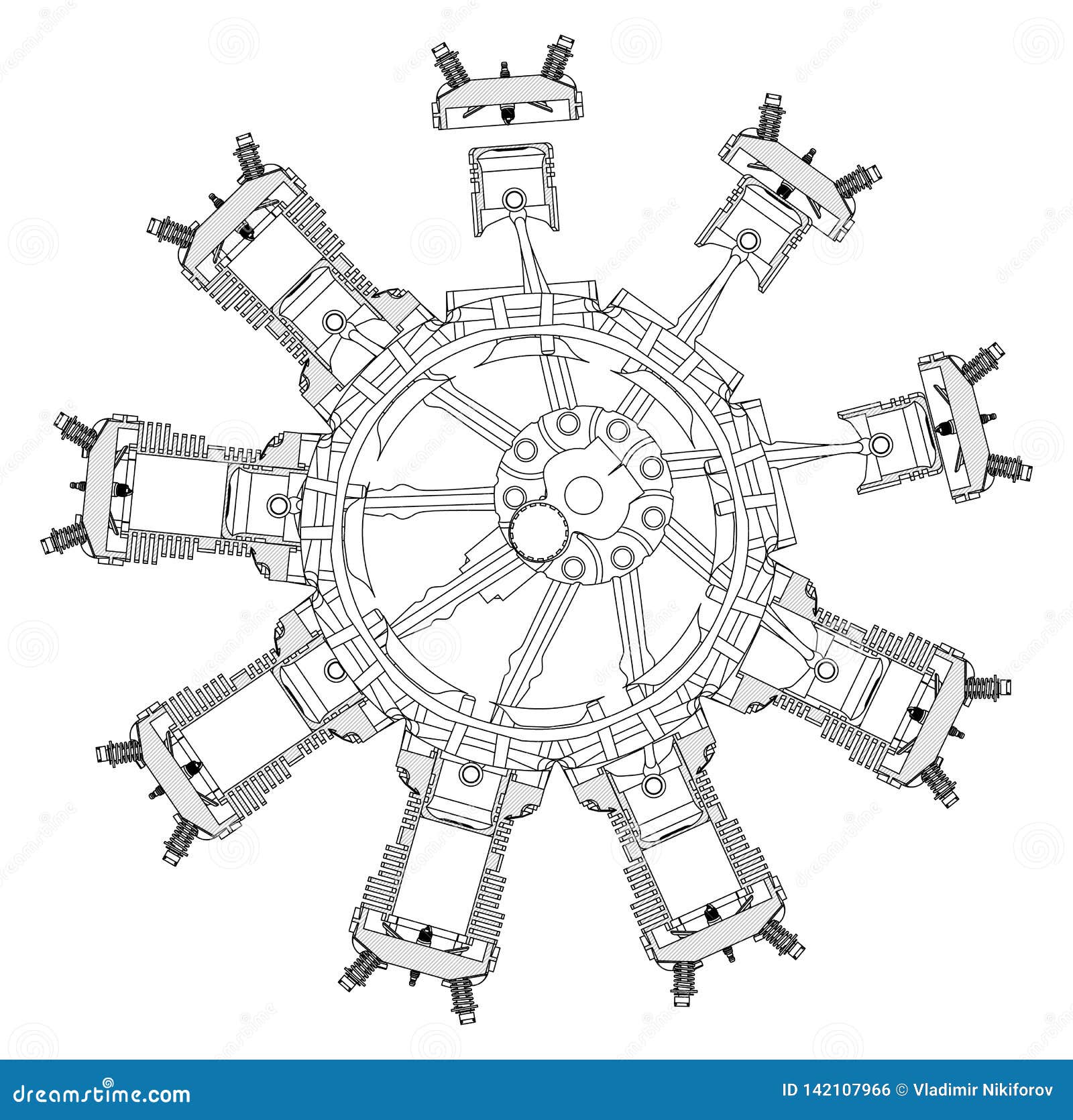 Disassembled Radial Engine On A White Vector Illustration ...