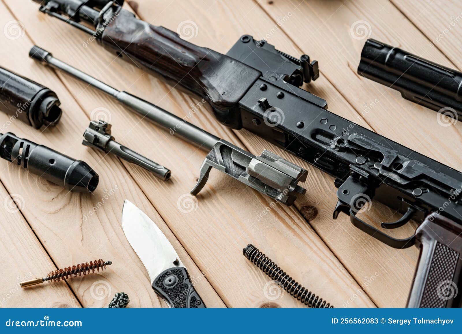 Disassembled Rifle with Cleaning Tools on Table of Weapons Workshop ...