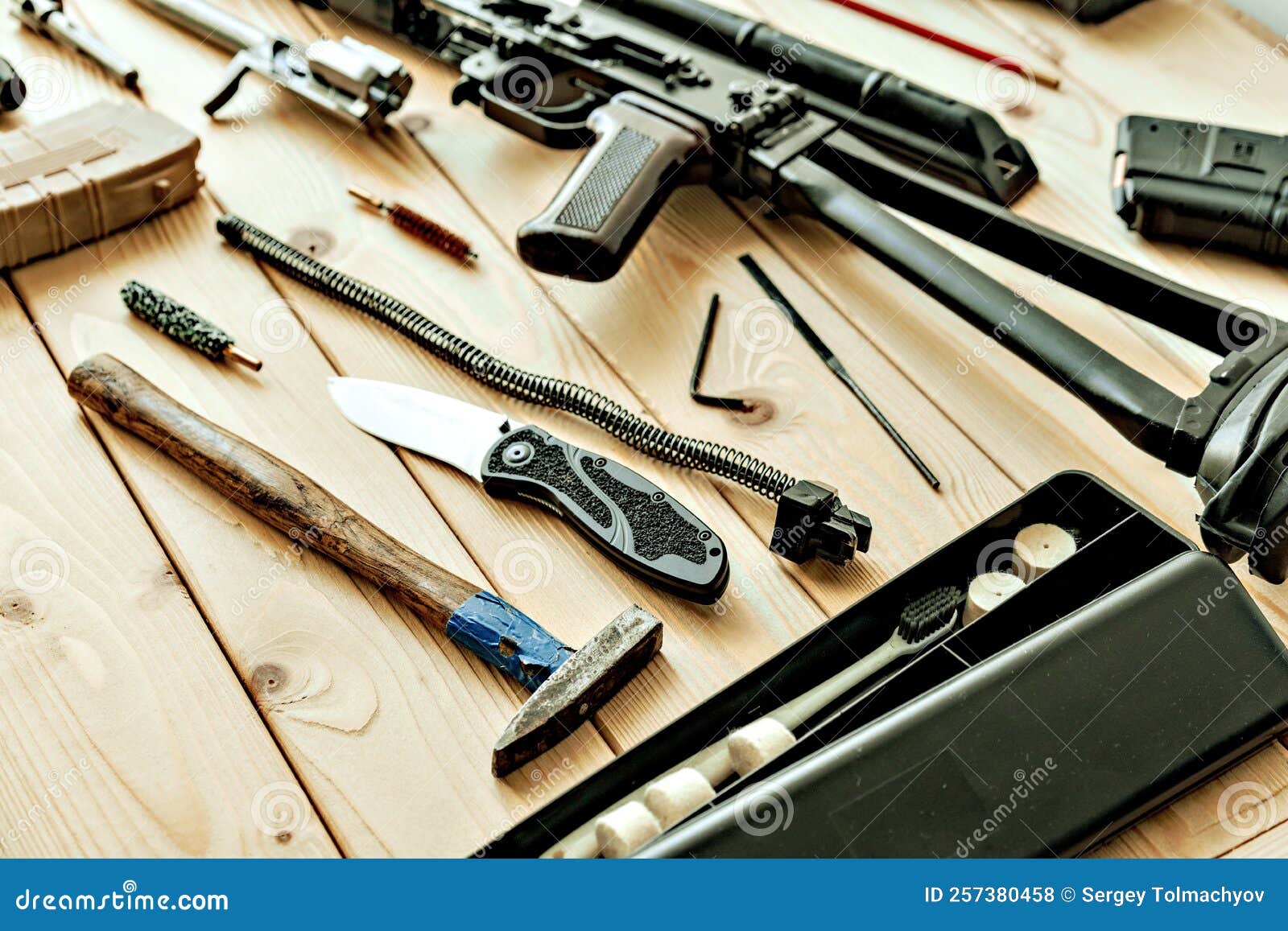 Disassembled Rifle with Cleaning Tools on Table of Weapons Workshop ...