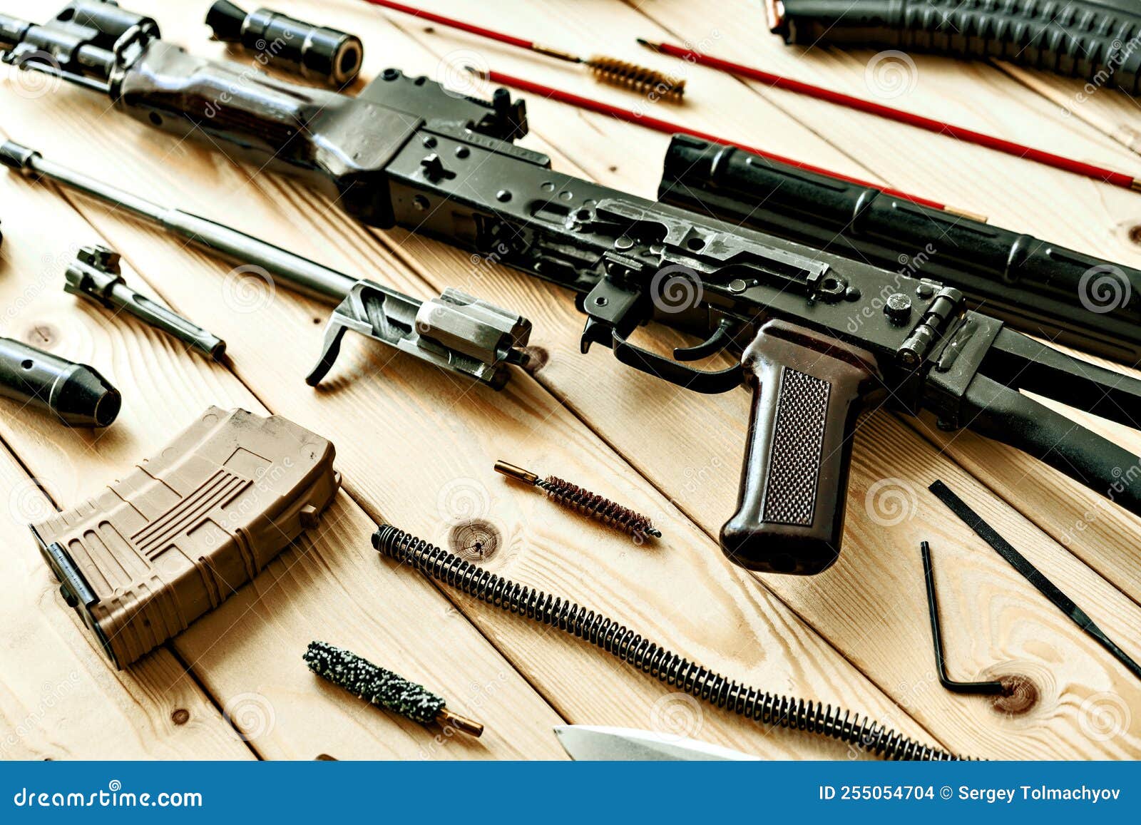 Disassembled Rifle with Cleaning Tools on Table of Weapons Workshop ...