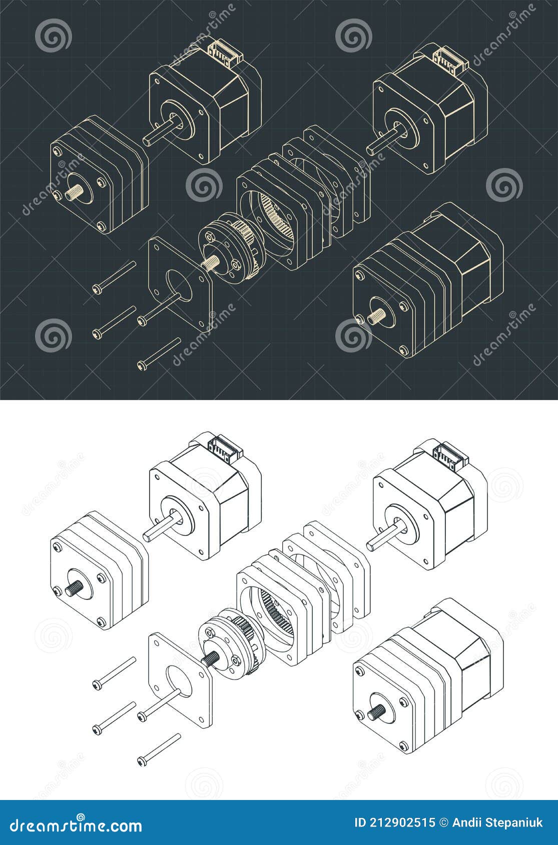 Disassembled Stepper Motor with Planetary Gearbox Drawings Stock Vector ...