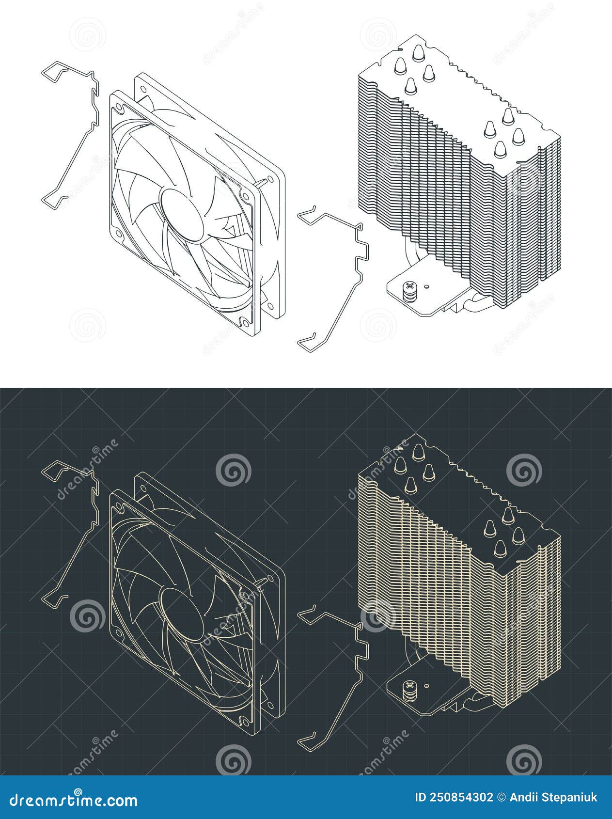 Disassembled Tower Type CPU Cooler Isometric Blueprint Stock Vector ...