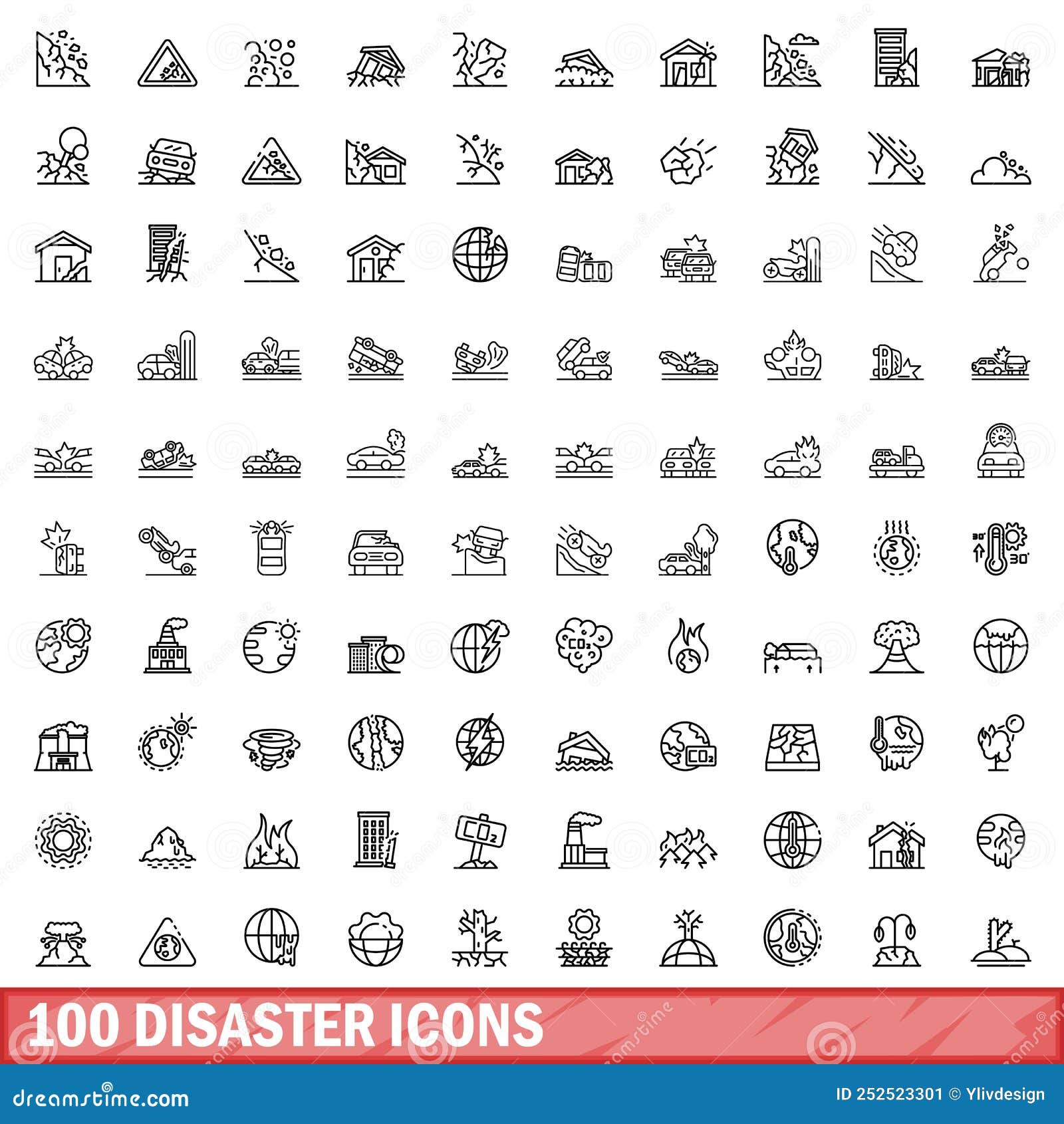 100 Disaster Icons Set, Outline Style Stock Vector - Illustration of ...