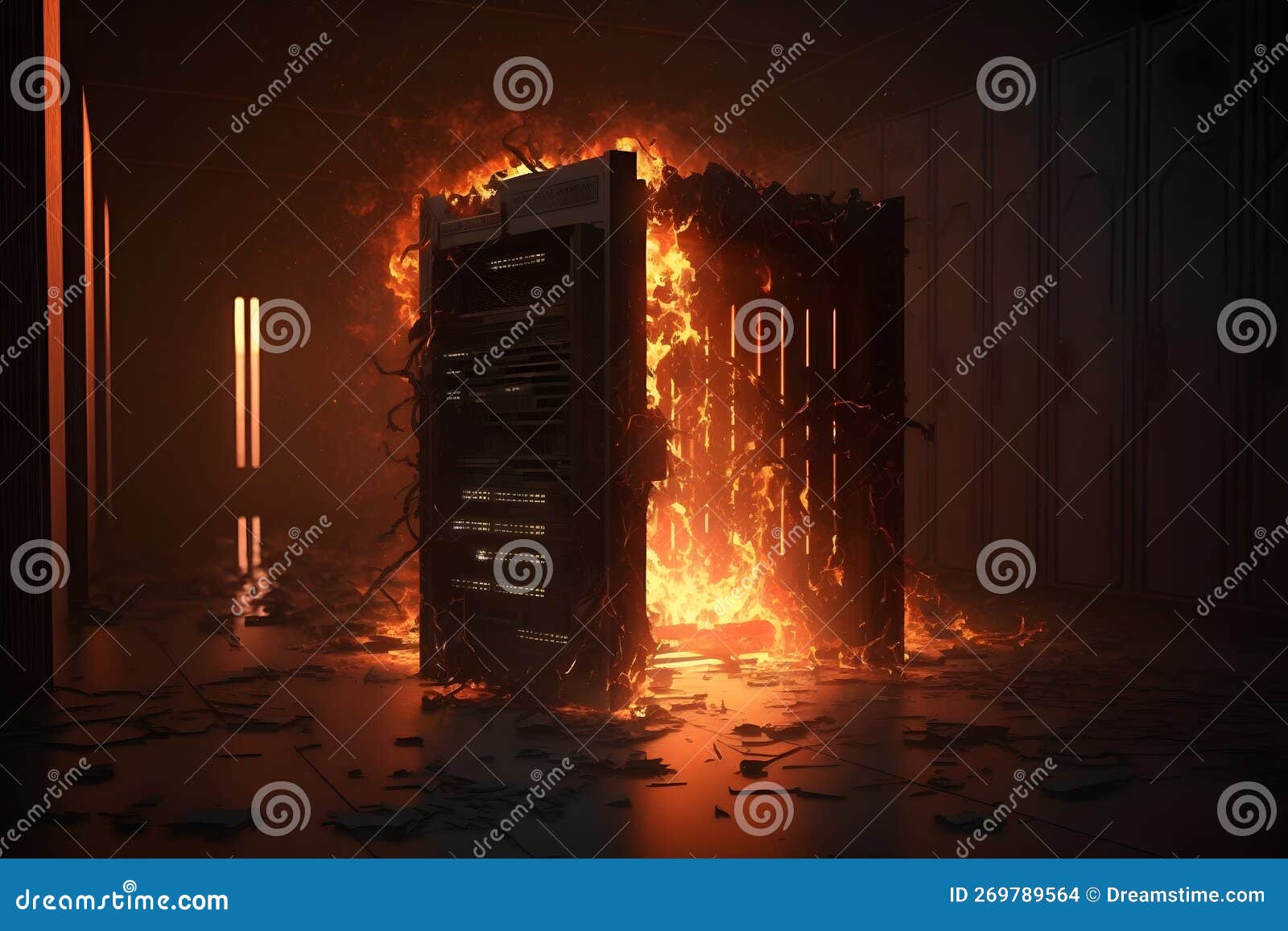 Disaster in Server Room or Data Center Storage Room on Fire Burning ...