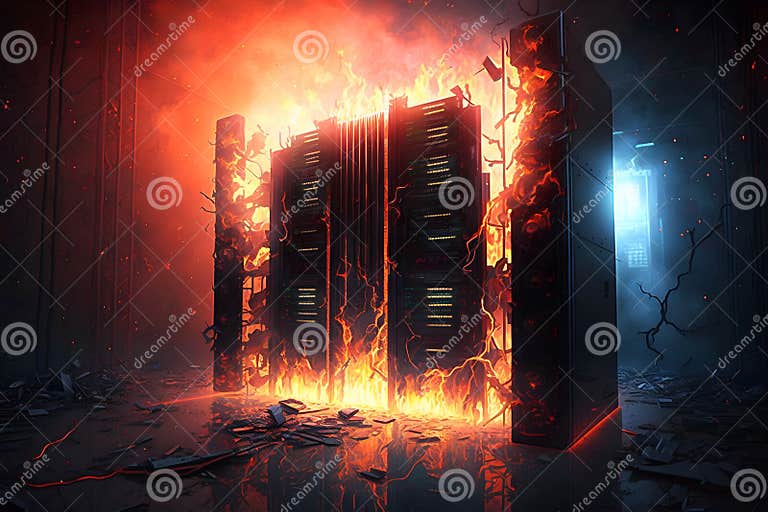 Disaster in Server Room or Data Center Storage Room on Fire Burning ...