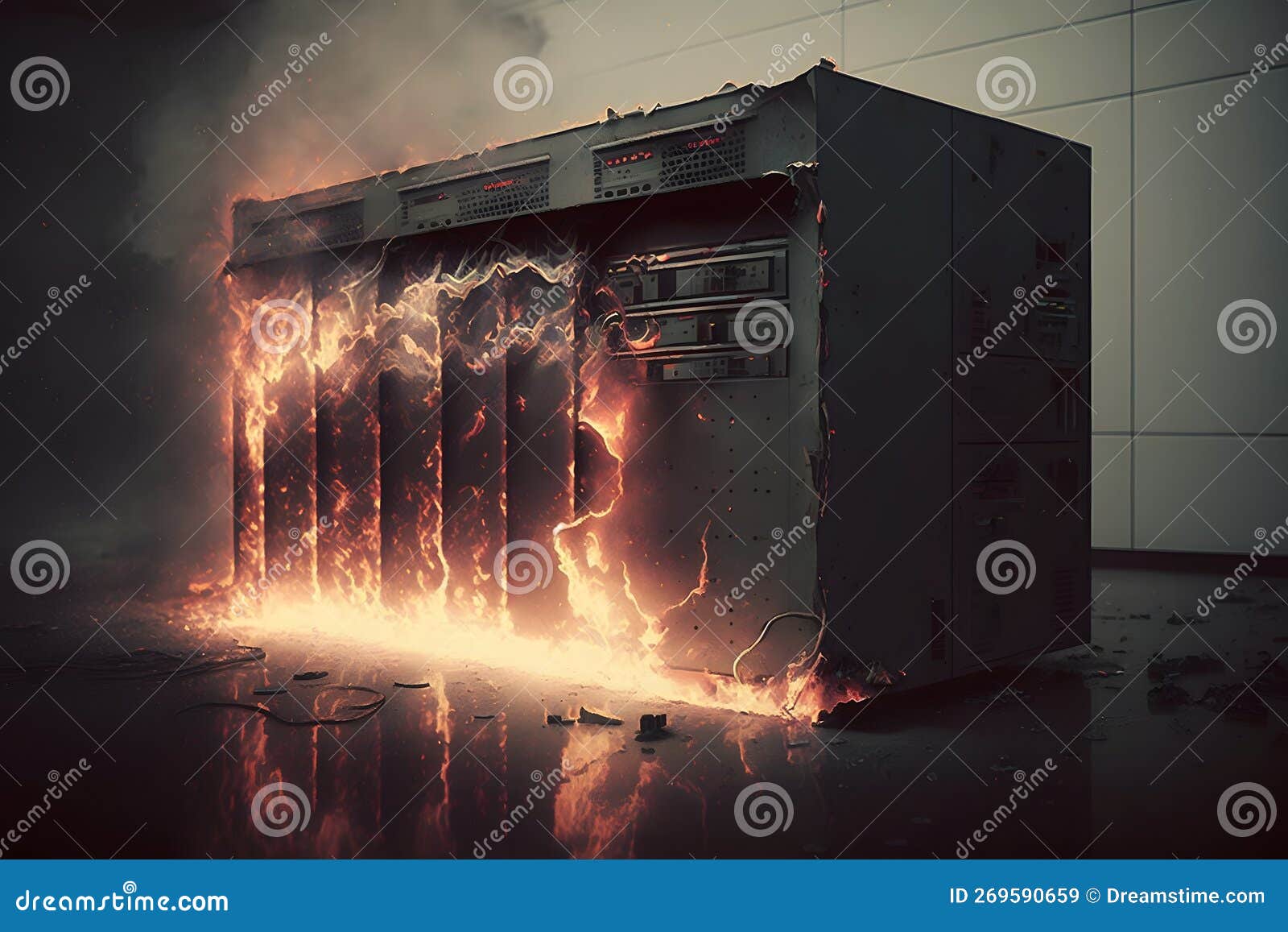 Disaster in Server Room or Data Center Storage Room on Fire Burning ...