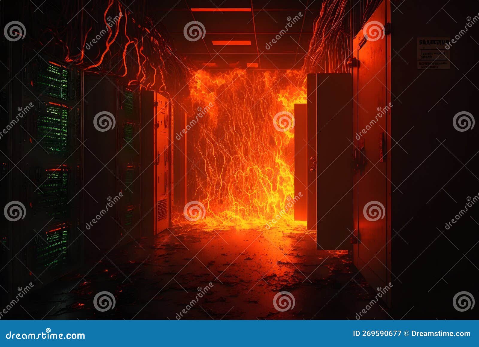 Disaster in Server Room or Data Center Storage Room on Fire Burning ...
