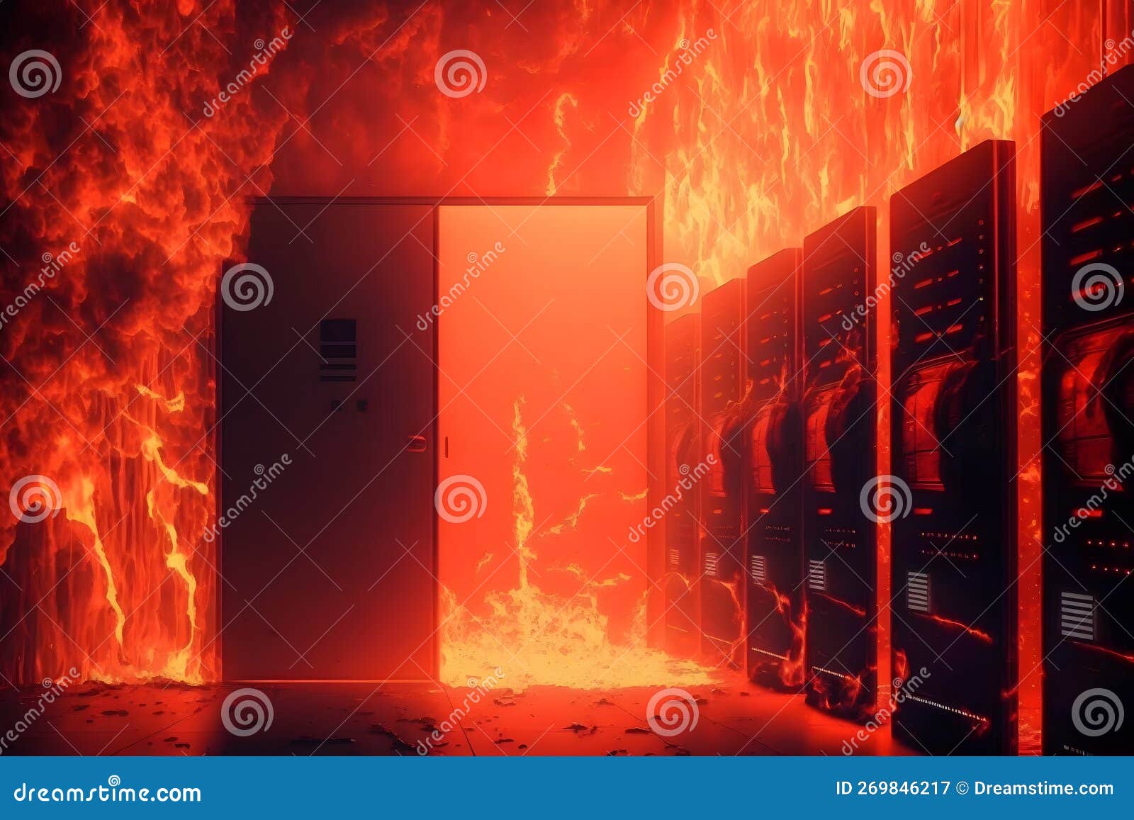 Disaster in Server Room or Data Center Storage Room on Fire Burning ...