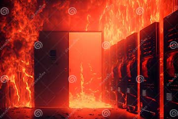Disaster in Server Room or Data Center Storage Room on Fire Burning ...
