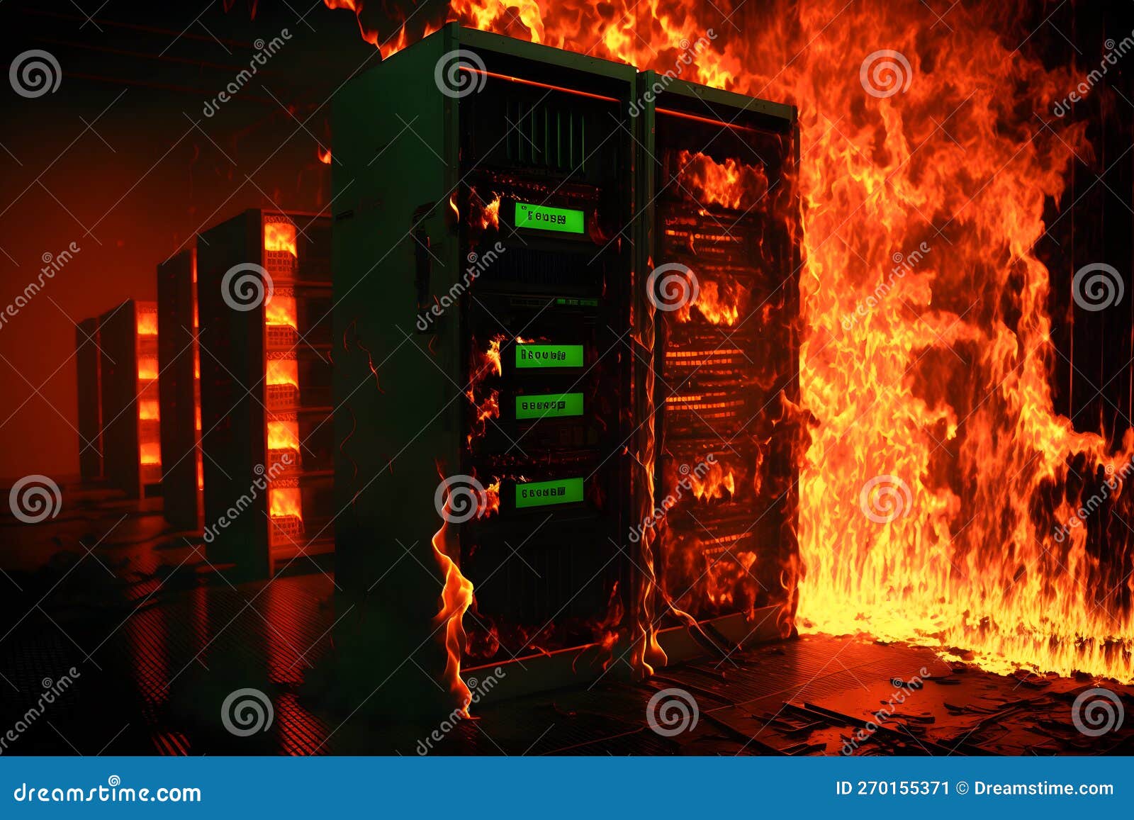 Disaster in Server Room or Data Center Storage Room on Fire Burning ...
