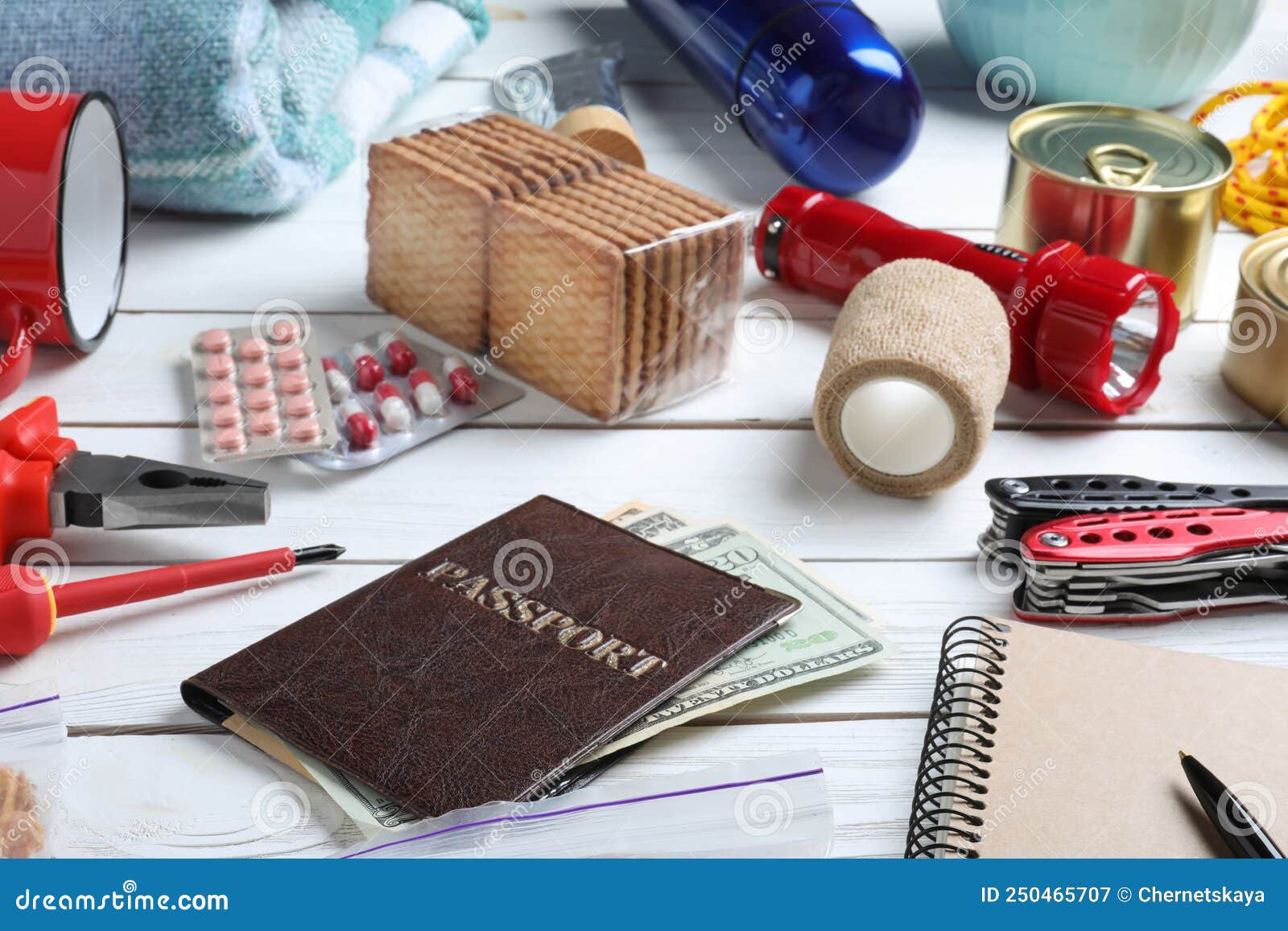 Disaster Supply Kit for Earthquake on White Wooden Table Stock Image ...