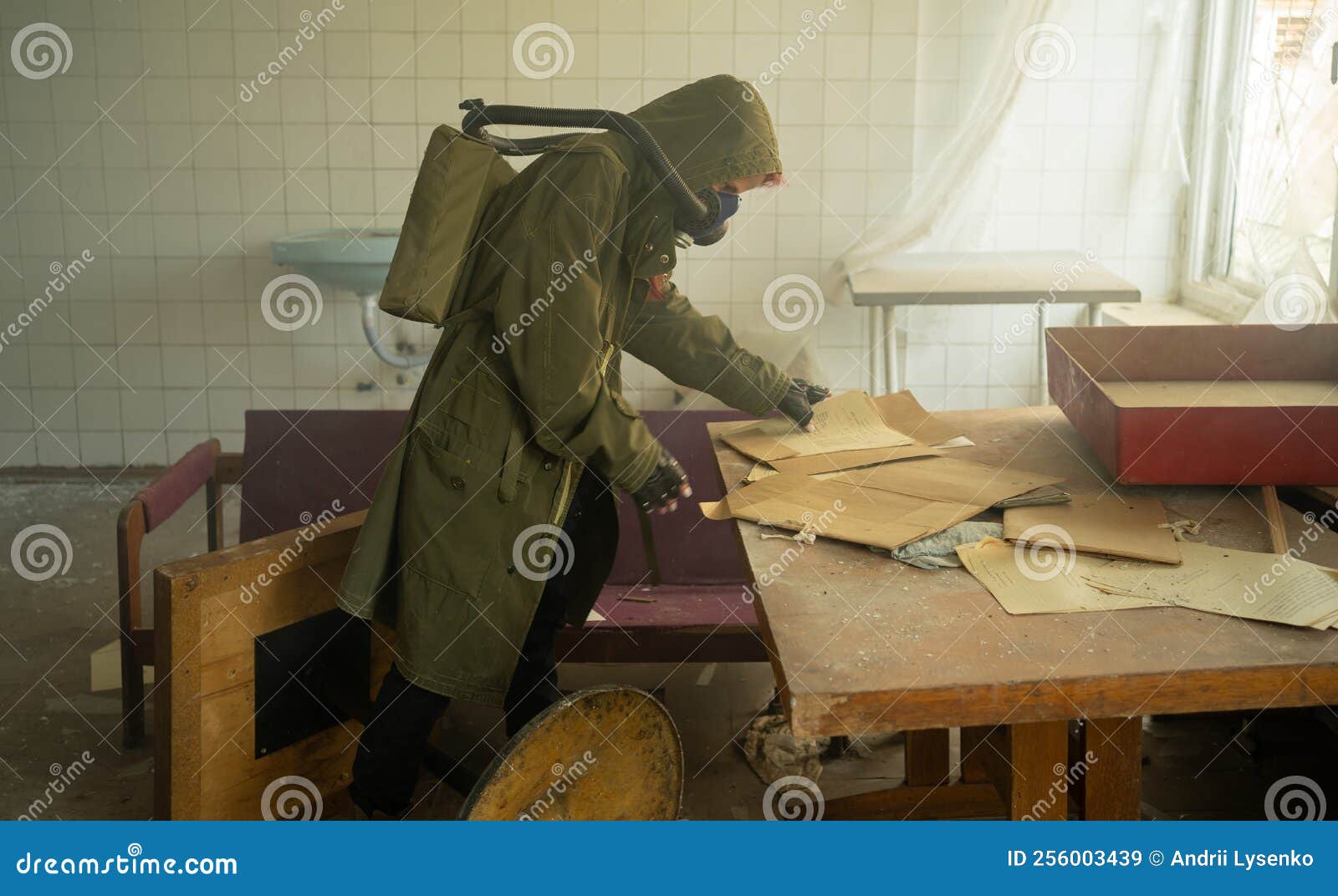 Disaster Survivor in a Post Apocalyptic Setting, she is Wearing a Gas ...