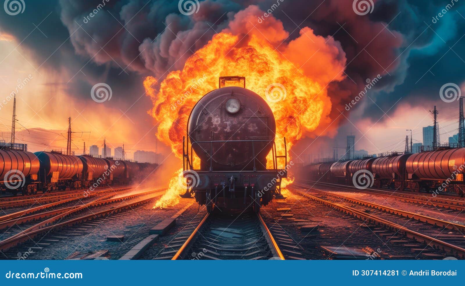 Train With Chemicals In Fire Been Derailed Cartoon Vector ...