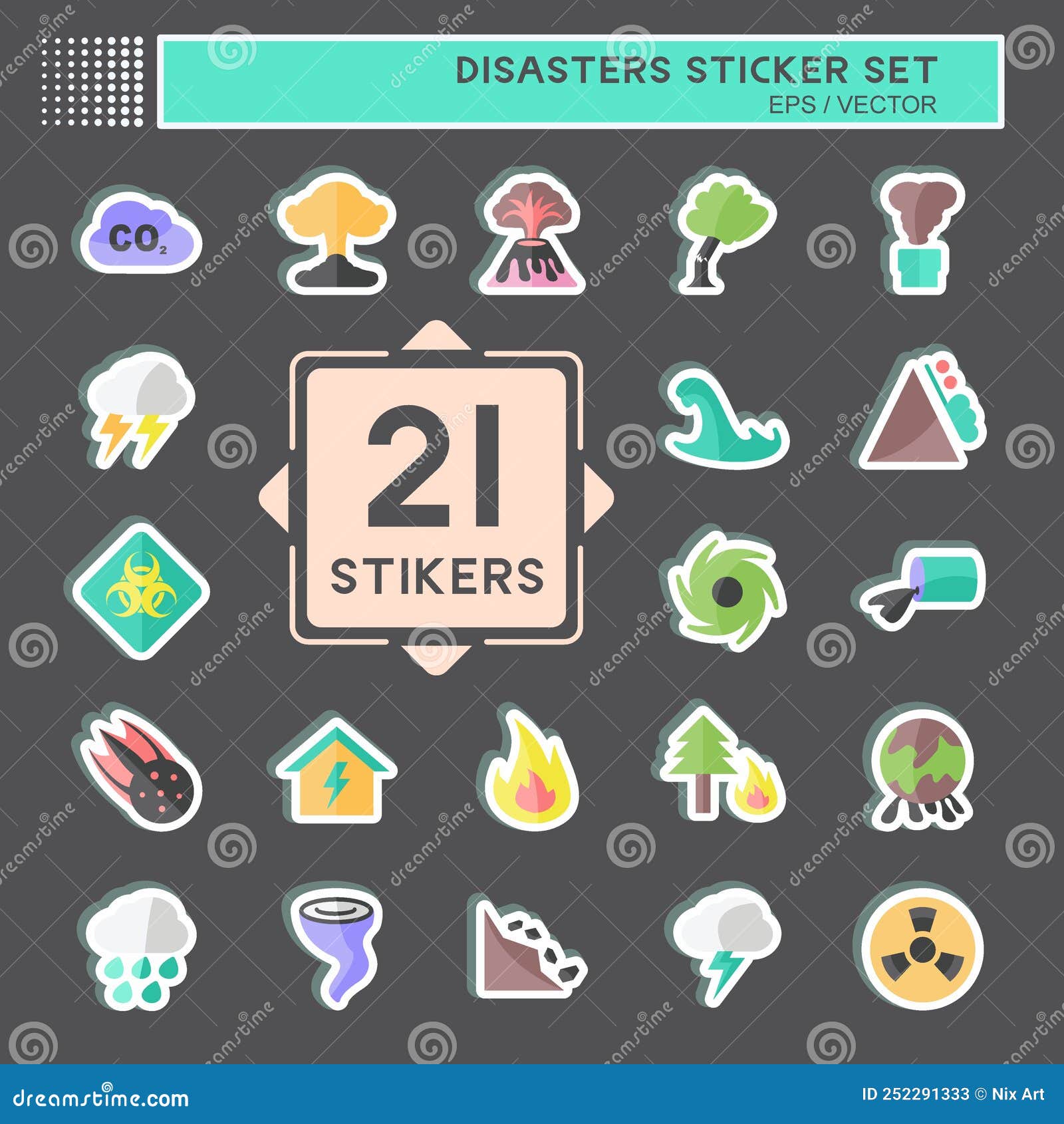 Disasters Sticker Set in Trendy Isolated on Black Background Stock ...