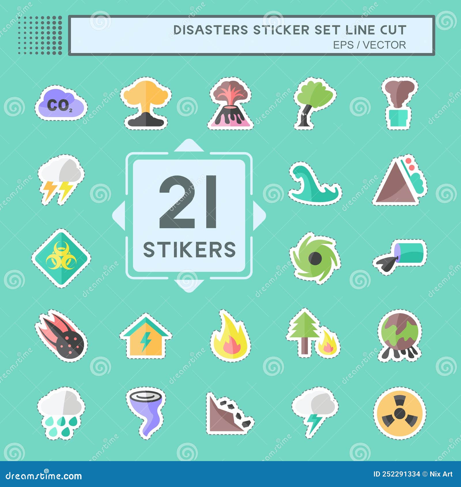 Disasters Sticker Set in Trendy Line Cut Isolated on Blue Background ...