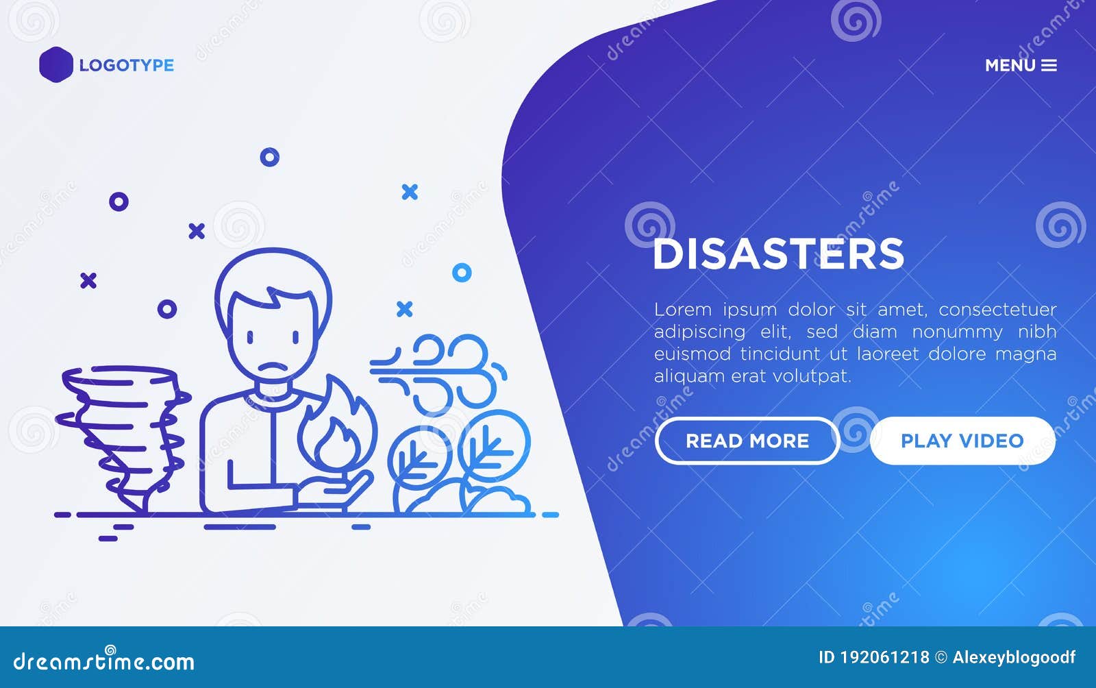 Disasters Web Page Template with Thin Line Icons: Tornado, Hurricane ...