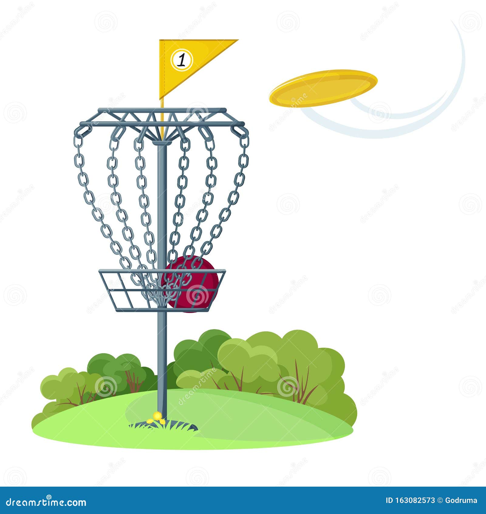Disc Golf Basket with Yellow Flying Frisbee Disk Stock Vector ...