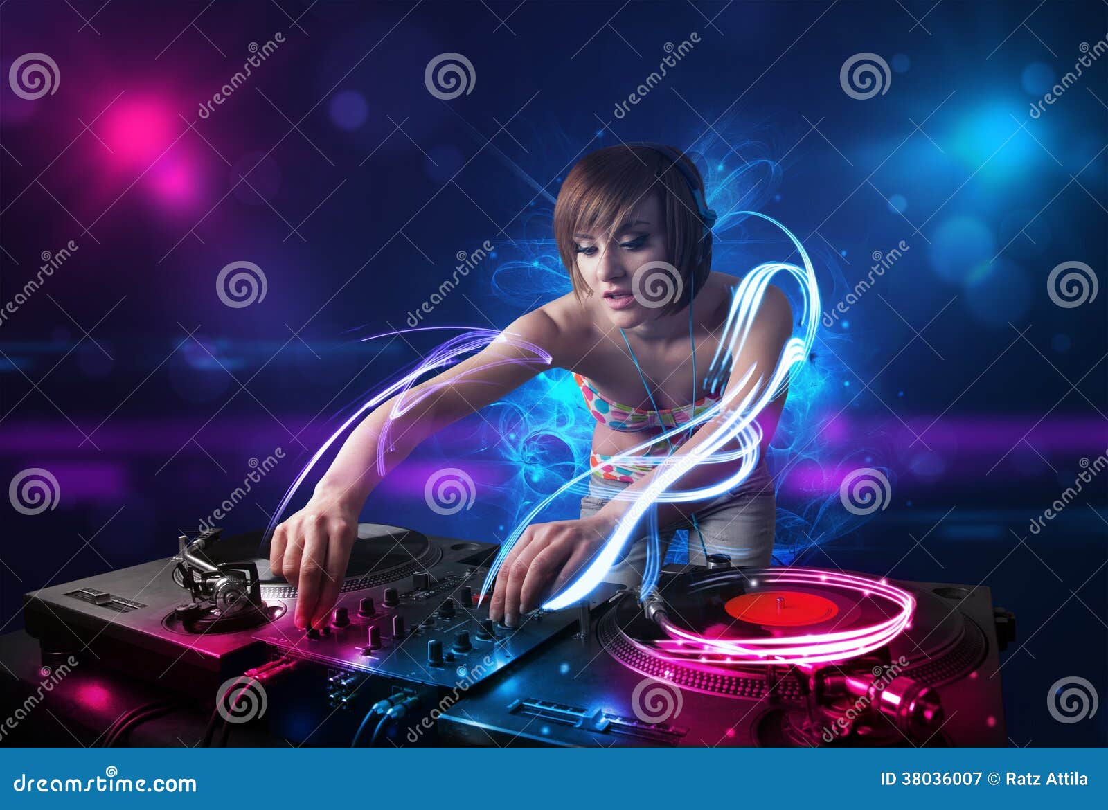Disc Jockey Playing Music with Electro Light Effects and Lights Stock ...