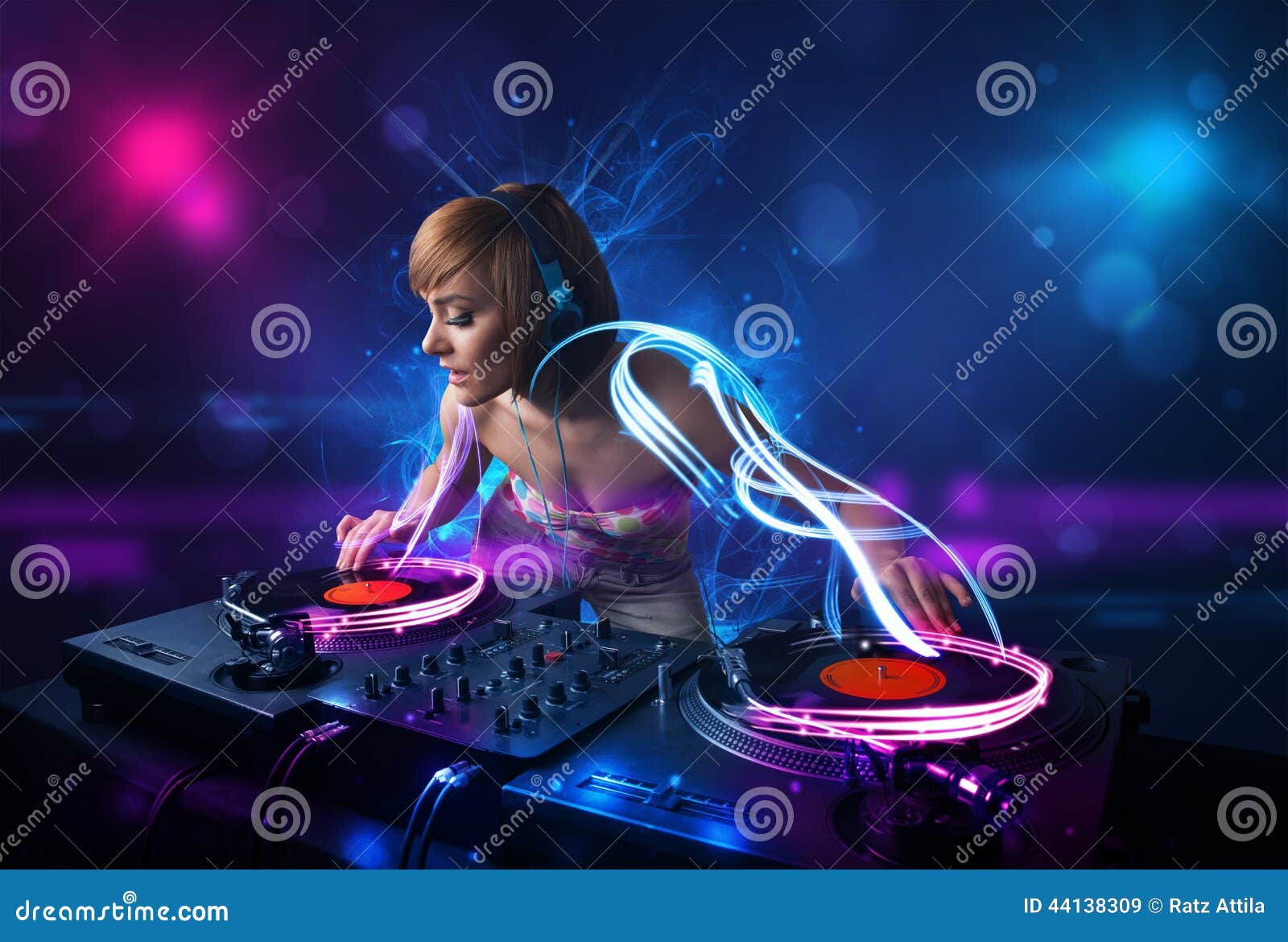 Disc Jockey Playing Music with Electro Light Effects and Lights Stock ...