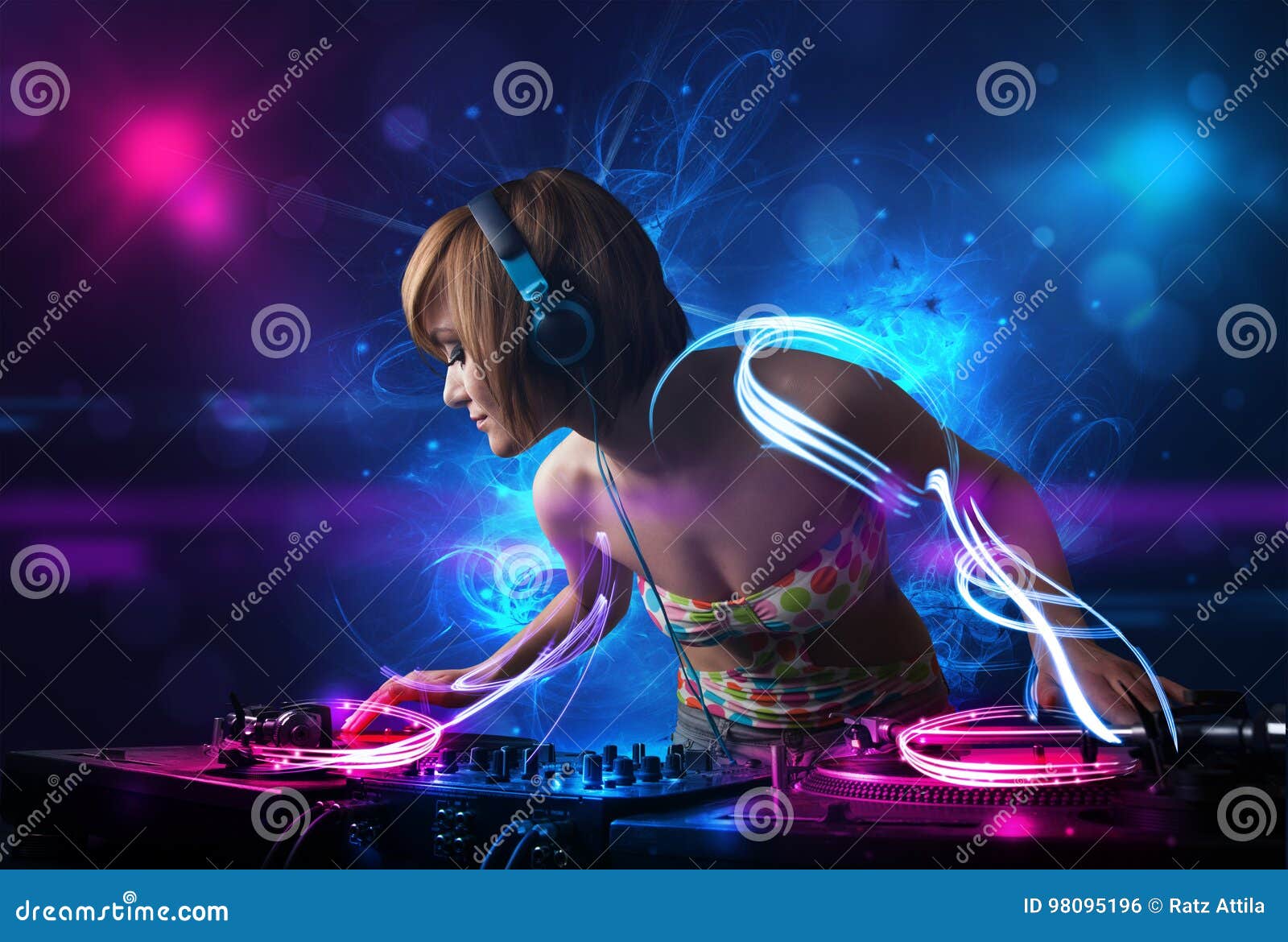 Disc Jockey Playing Music with Electro Light Effects and Lights Stock ...