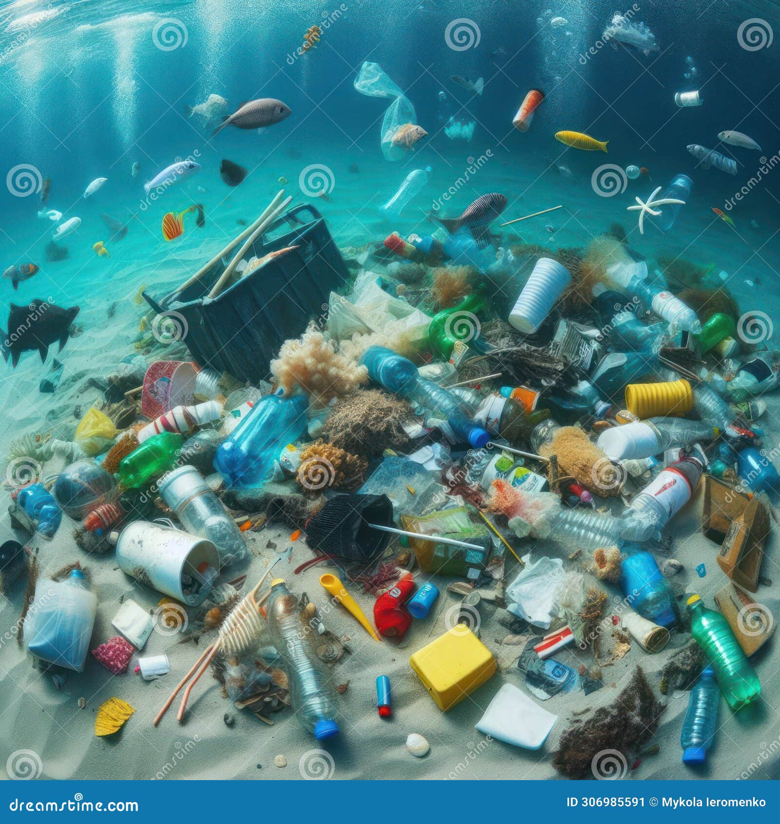 Discarded Garbage Lying on the Bottom of the Sea. Stock Illustration ...
