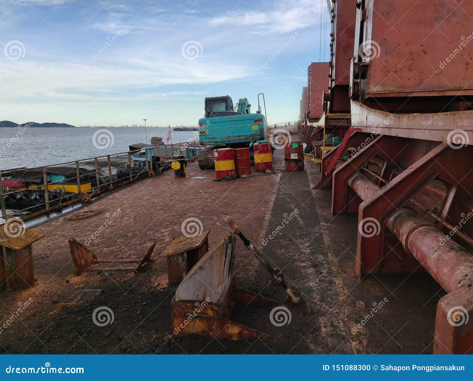 Discharging or Loading Operation on Bulk Ship, Excavator Waiting To ...