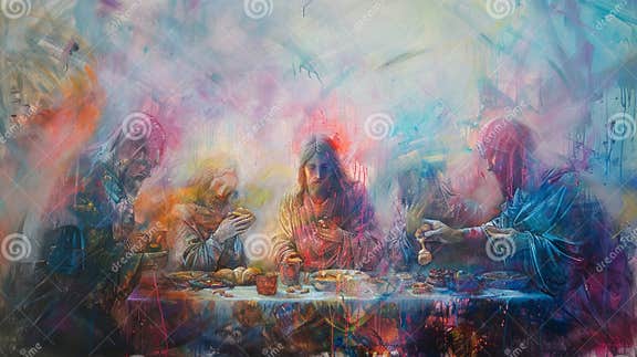 Disciples Gather Around a Table with Jesus, Sharing Bread and Wine in a ...