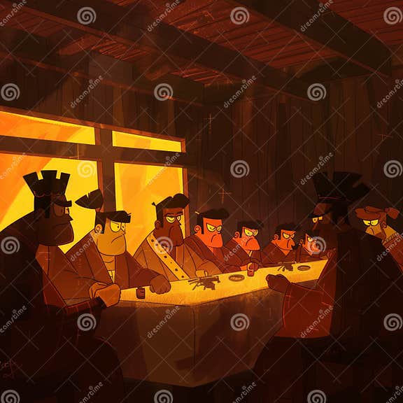 Disciples Sit Around a Long Table, Sharing Bread and Wine, Immersed in ...