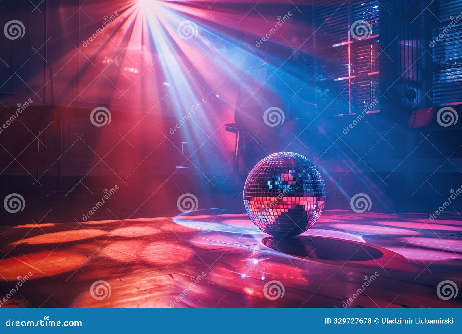 Disco Ball on an Empty Stage in the Spotlight. Reflections of Light on ...