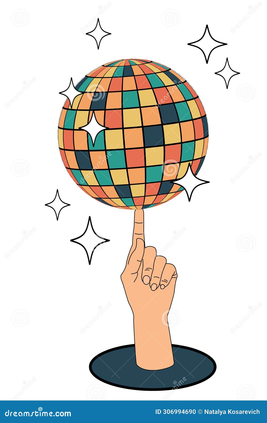 Disco Ball on the Finger of Your Hand. Groovy. Clockwork Elements in a ...