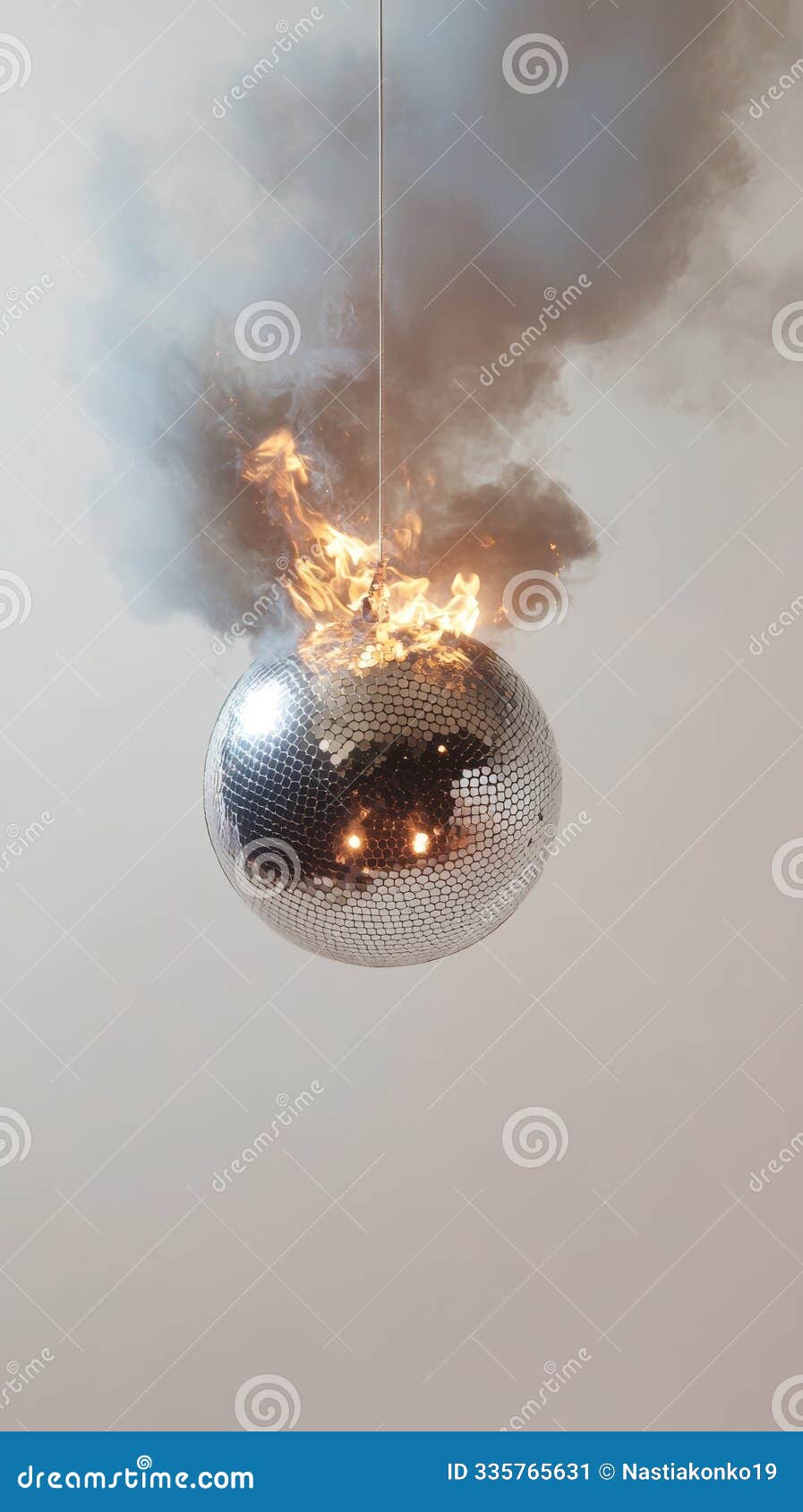 Disco Ball on Fire with Smoke Against White Background, Dramatic ...