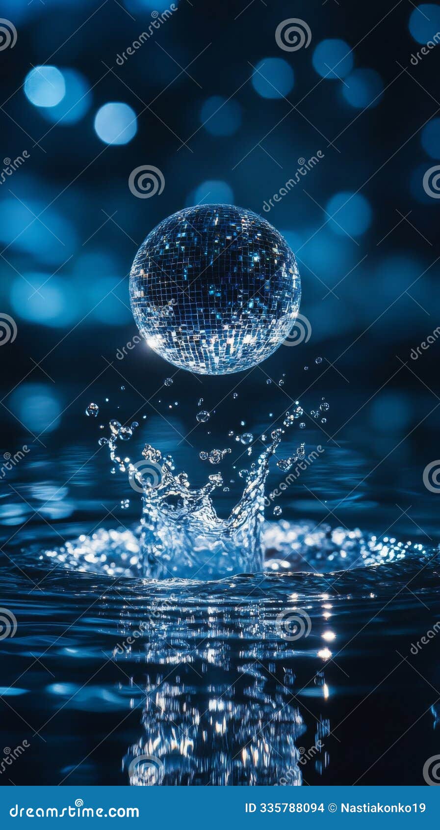 Disco Ball Splash in Water with Blue Lights, Dynamic Energy Concept ...