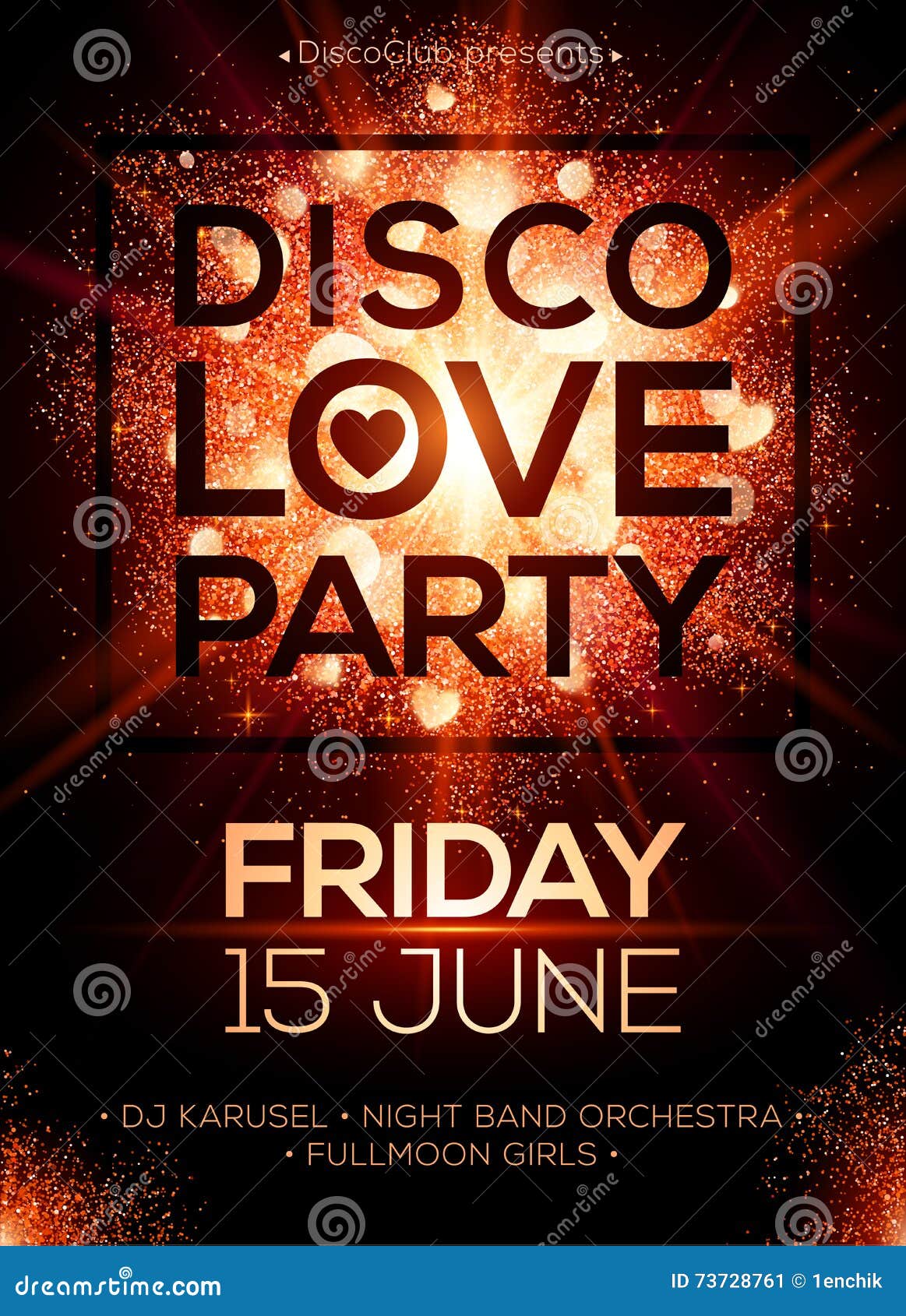 Disco LOVE Party Poster Vector Template with Shining Lights and Hearts ...