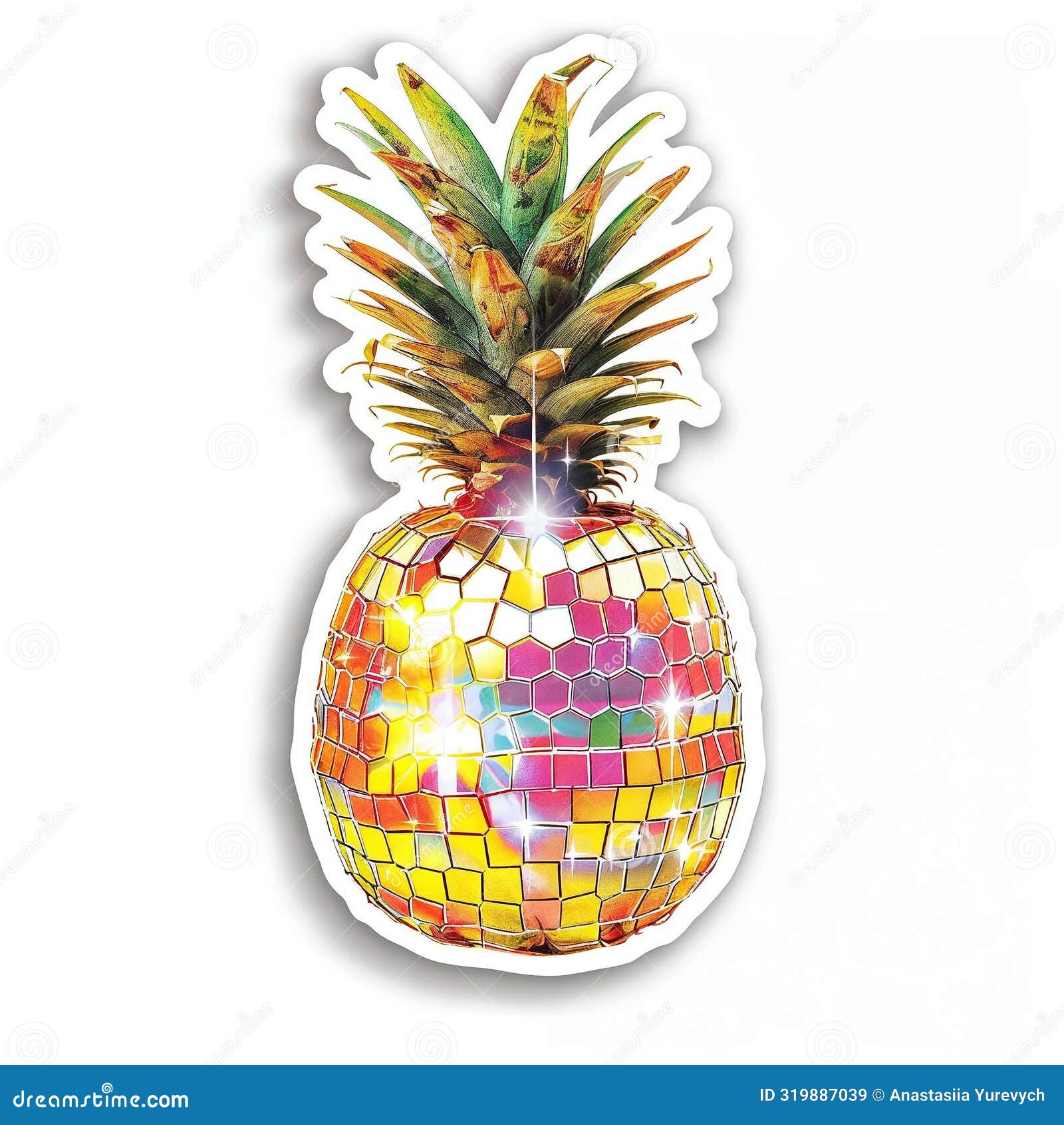 Disco Mirror Ball Pineapple Glowing in Cartoon Style. Illustrations in ...