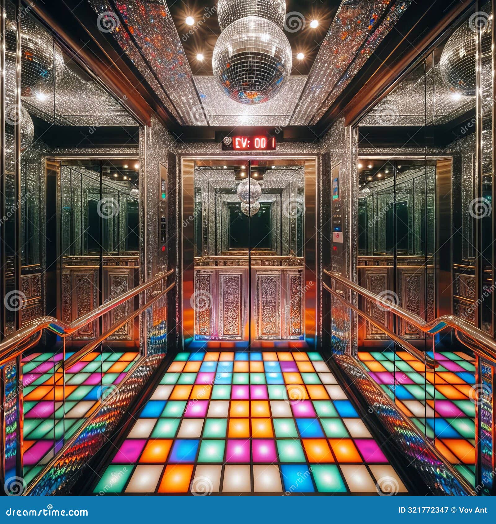 A Disco Themed Elevator with Mirror Walls, Glittering Lights, Stock ...