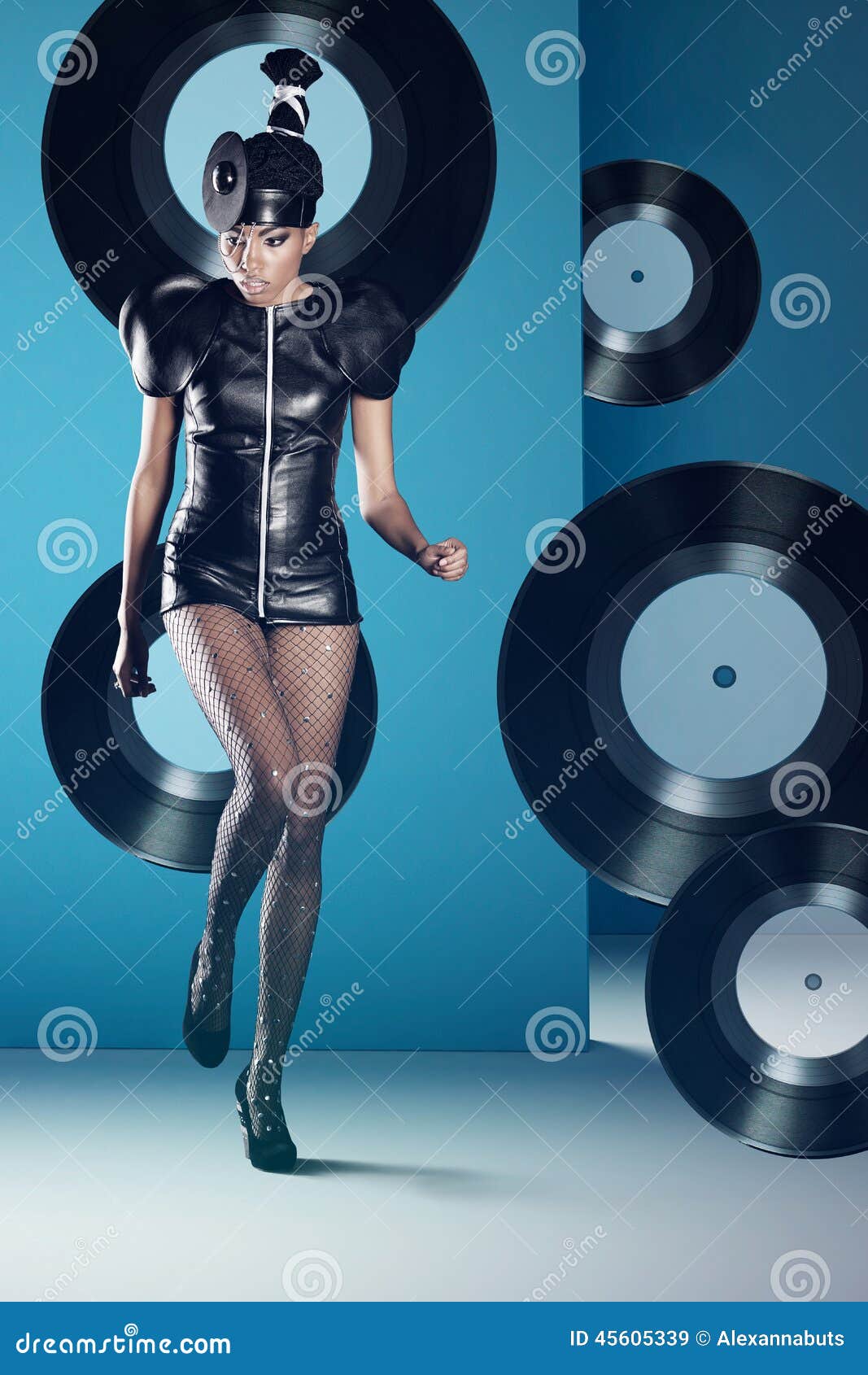 Disco Woman Dancing with Vinyl Stock Image - Image of color, light ...