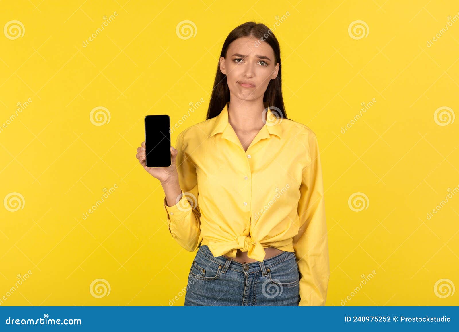 Discontented Millennial Woman Showing Cellphone with Blank Screen ...