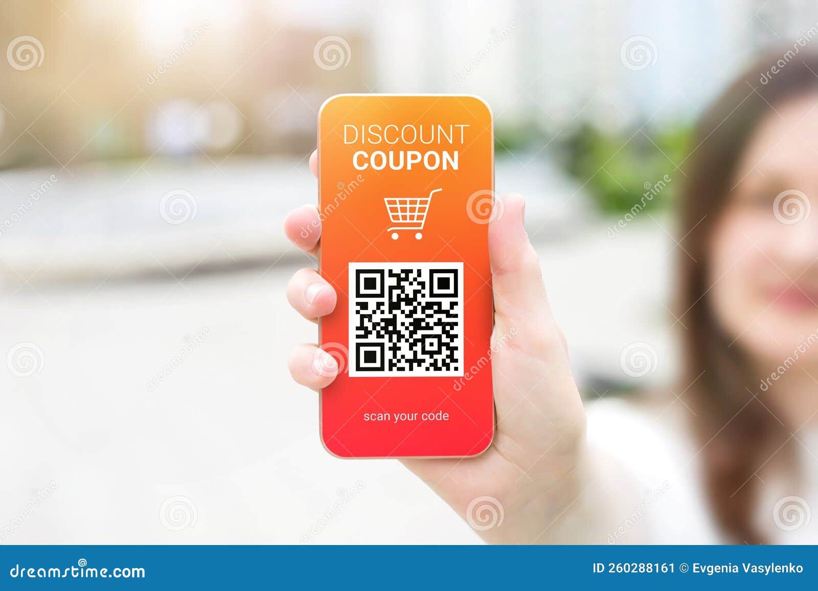 Discount Coupon with QR Code on Smartphone in a Female Hand Stock Image ...