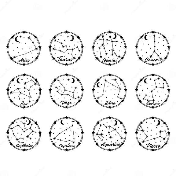 Collection Of 12 Zodiac Sign Constellations Moon And Stars Within A