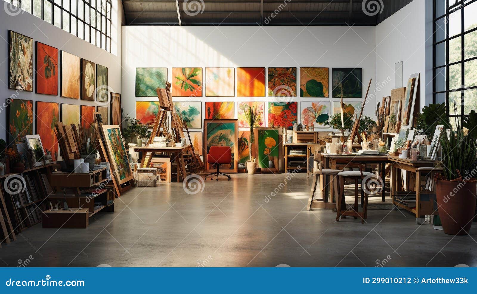 Vibrant Artistry: Captivating Paintings in a Spacious Studio Stock ...