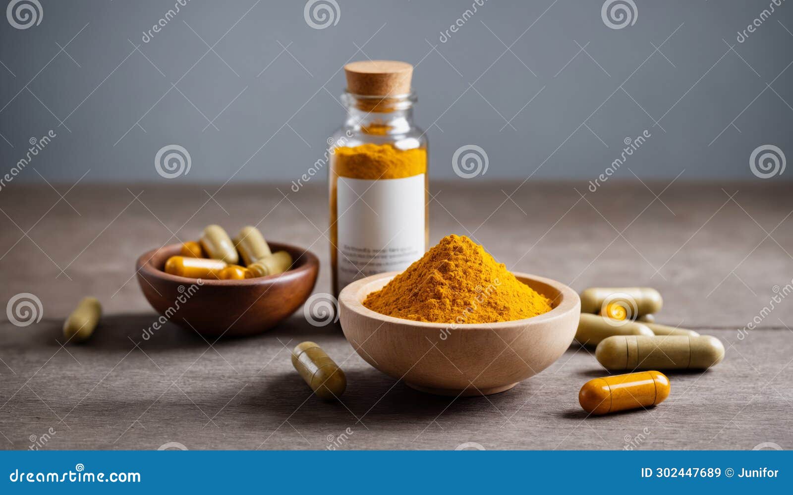Wooden Bowl with Curcumin Powder and Capsules, Unlabeled Bottles on the ...