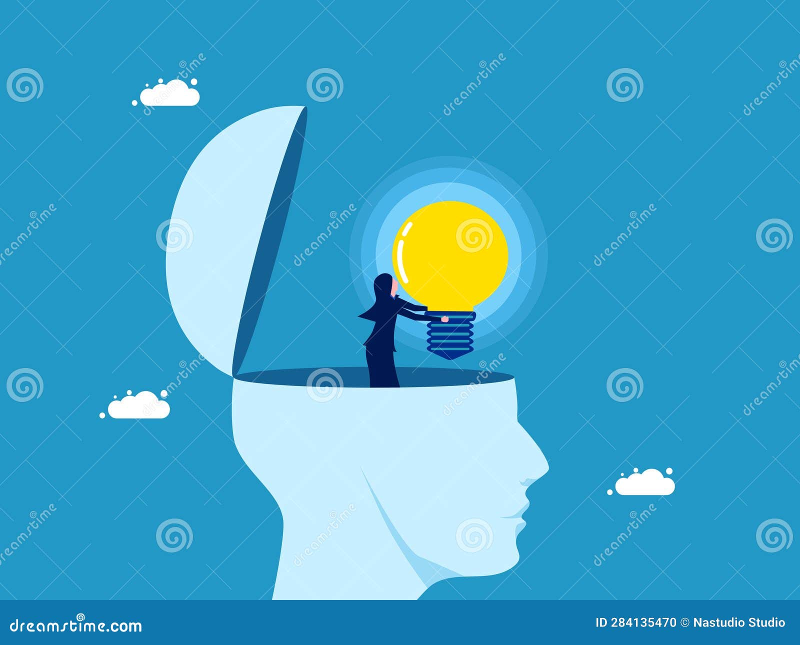 Discover Knowledge. Businesswoman Finds a Light Bulb Stock Vector ...