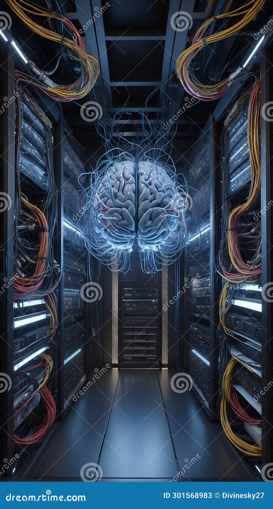 Neural Pathways: Illuminated Trails in the AI Server Realm. AI Generate ...